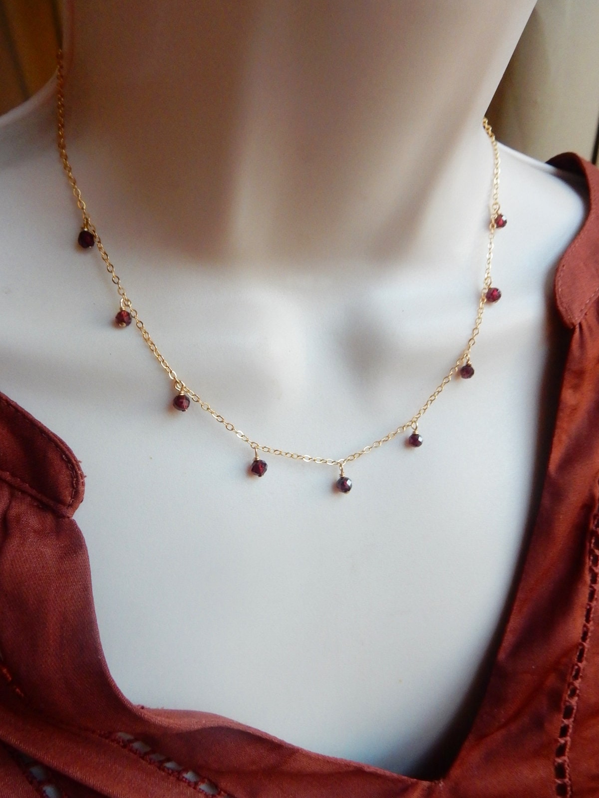 14K gold filled Garnet necklace Dangling faceted garnet | Etsy