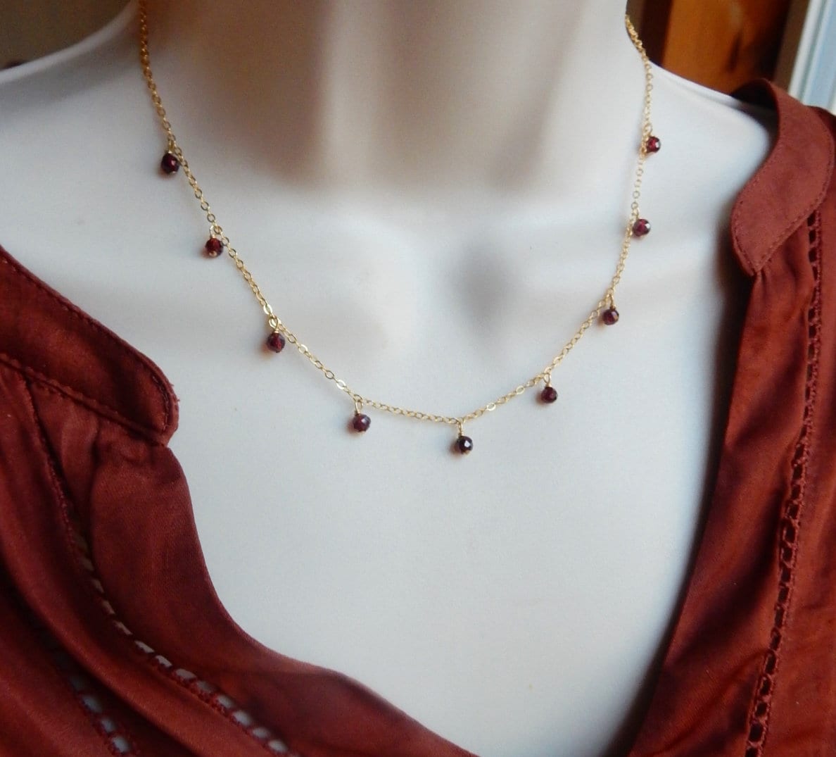 14K gold filled Garnet necklace Dangling faceted garnet | Etsy