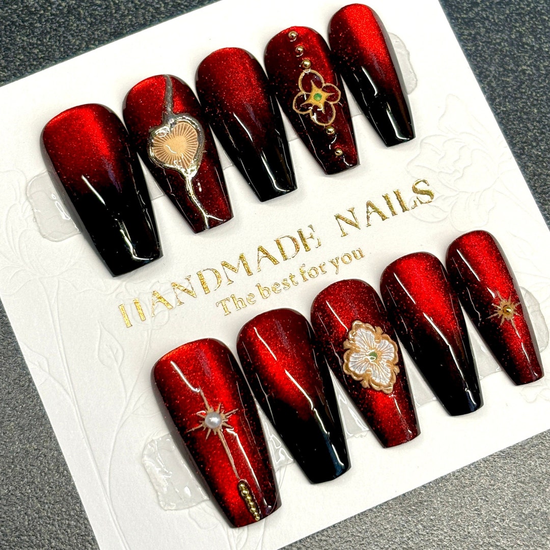 Red Cat Eye Press on Nails Handmade Dark Red Burgundy Nails Black and ...