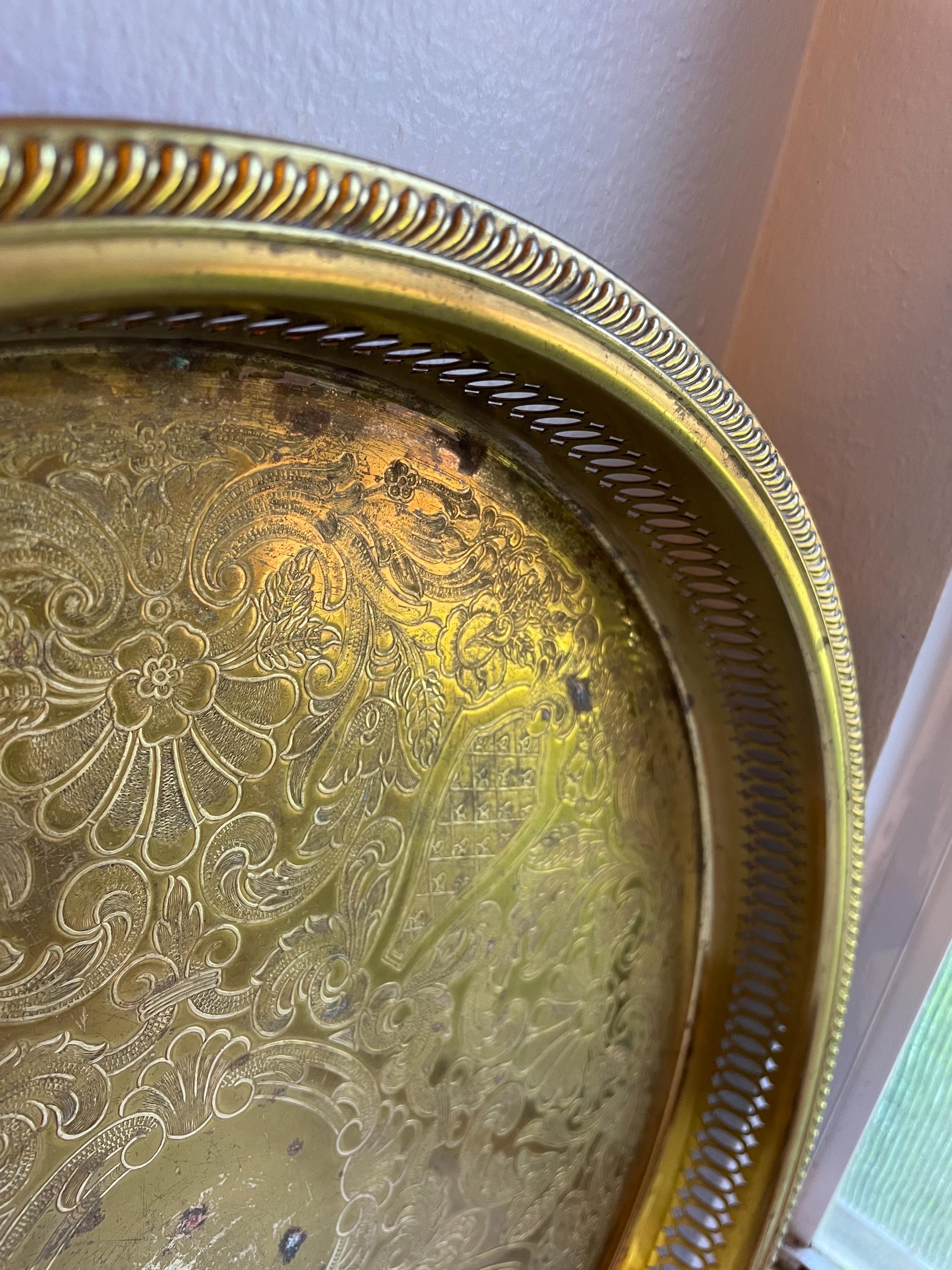 Large Vintage Etched Brass Tray Brass Tray With Cut Outs Gold Tray - Etsy