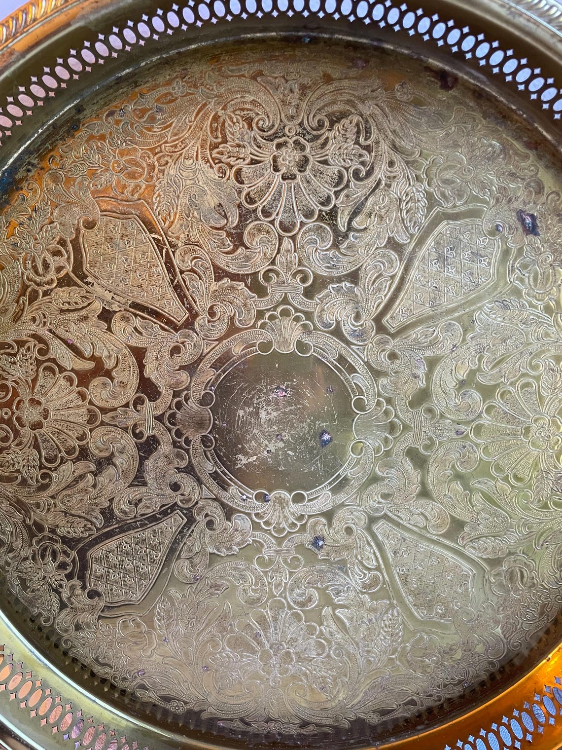 Large Vintage Etched Brass Tray Brass Tray With Cut Outs Gold Tray - Etsy