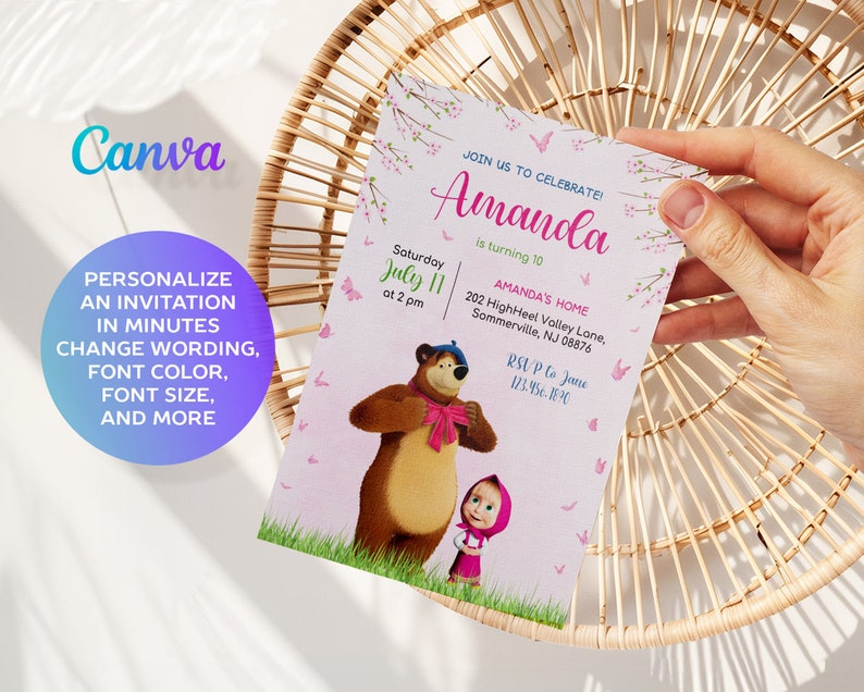 Birthday Invite Girl, Masha and Bear Invite, Editable Masha Invitation ...