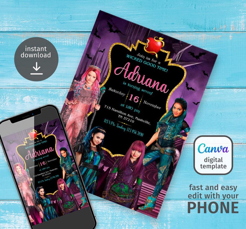 Printable Descendants Invitation, Editable Descendants Birthday Invite ...