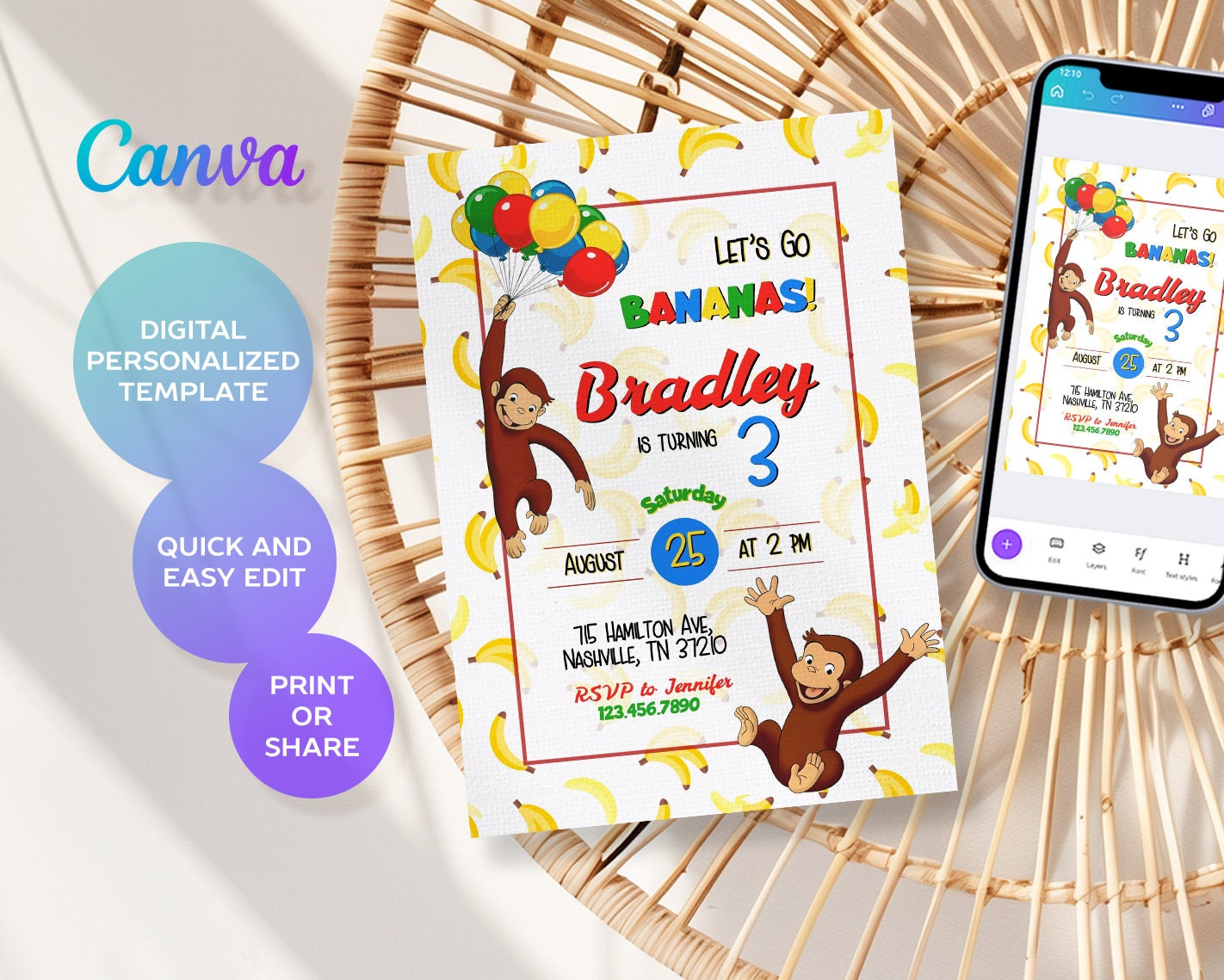 Printable Curious George Birthday Invitation, Monkey Invite, Ape Invite ...