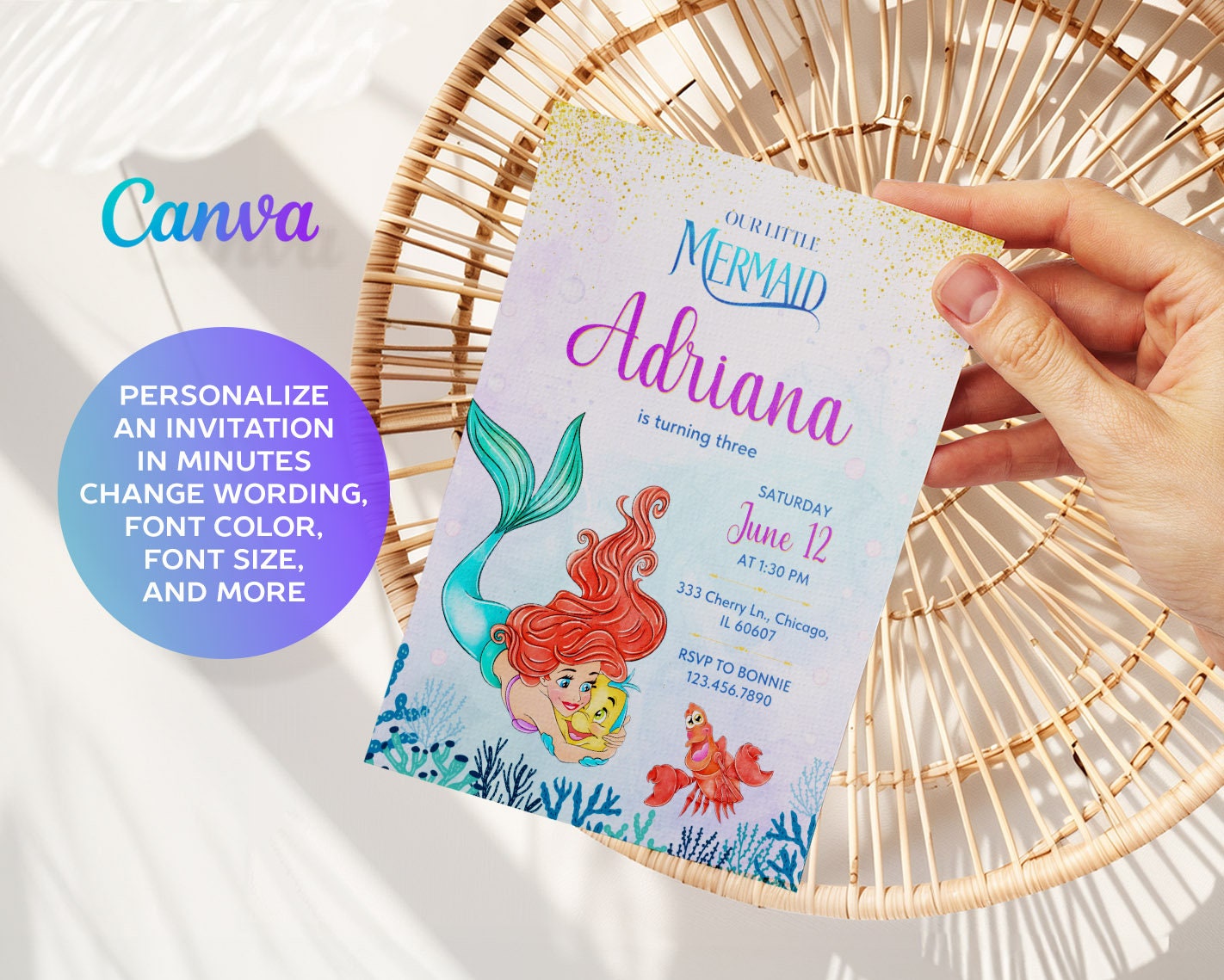 Princess Ariel Birthday Invitation, Girl Editable Invite Template ...
