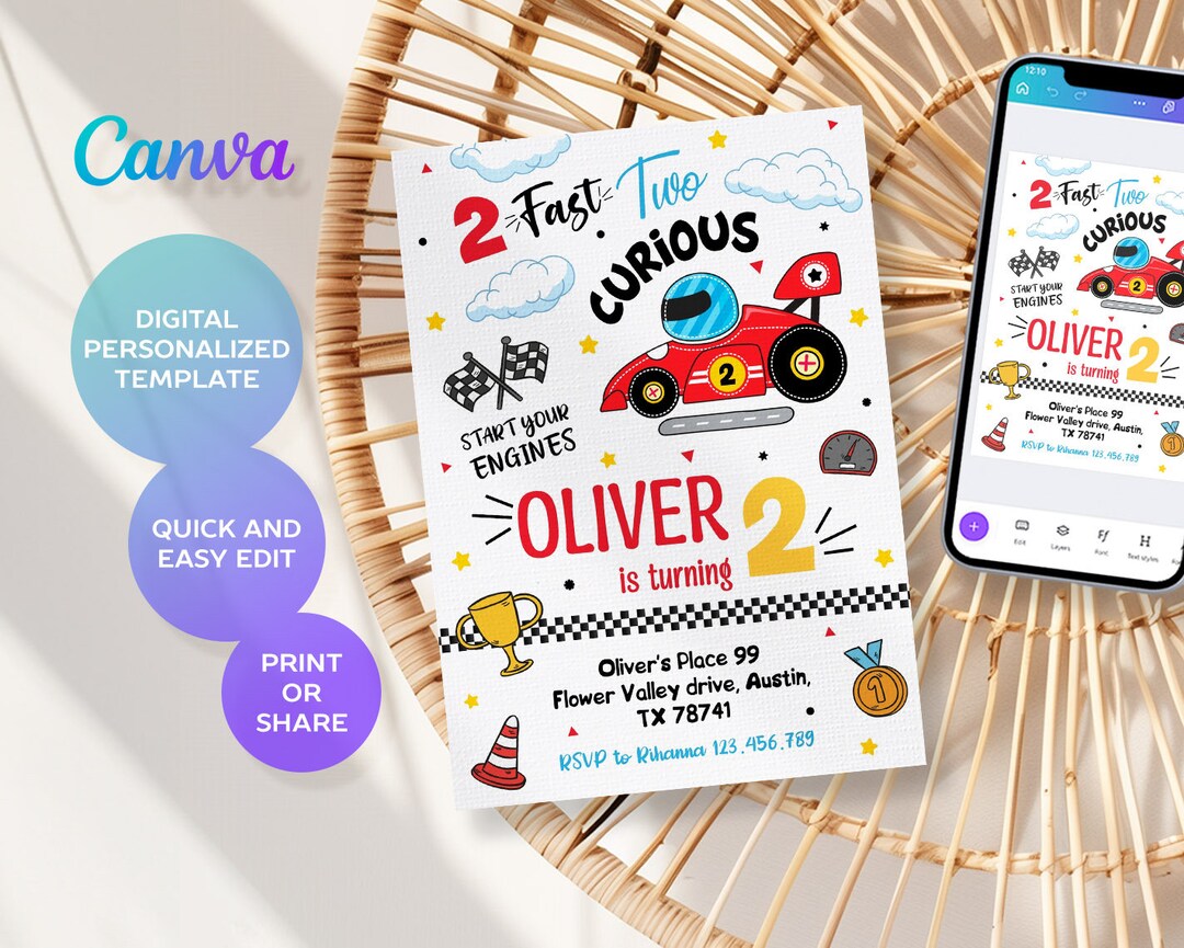 Printable Two Fast Birthday Invitation, Watercolor Race Car Birthday ...