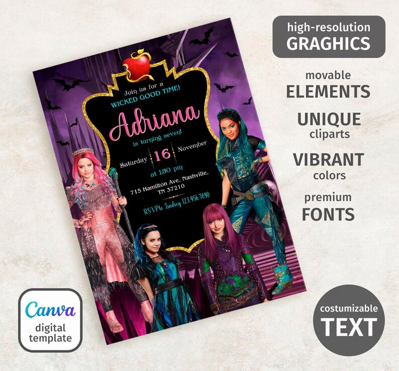 Printable Descendants Invitation, Editable Descendants Birthday Invite ...