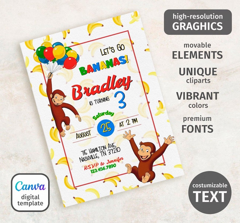 Printable Curious George Birthday Invitation, Monkey Invite, Ape Invite ...