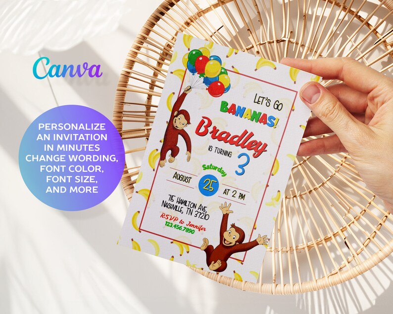 Printable Curious George Birthday Invitation, Monkey Invite, Ape Invite ...