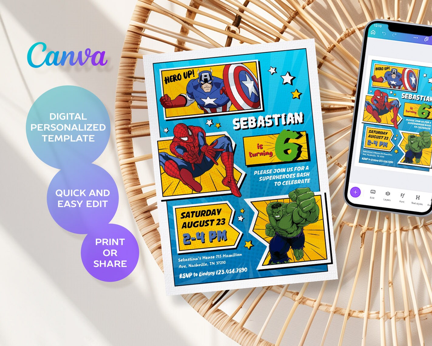 Printable Boy Birthday Invite, Super Hero Editable Party Invitation ...