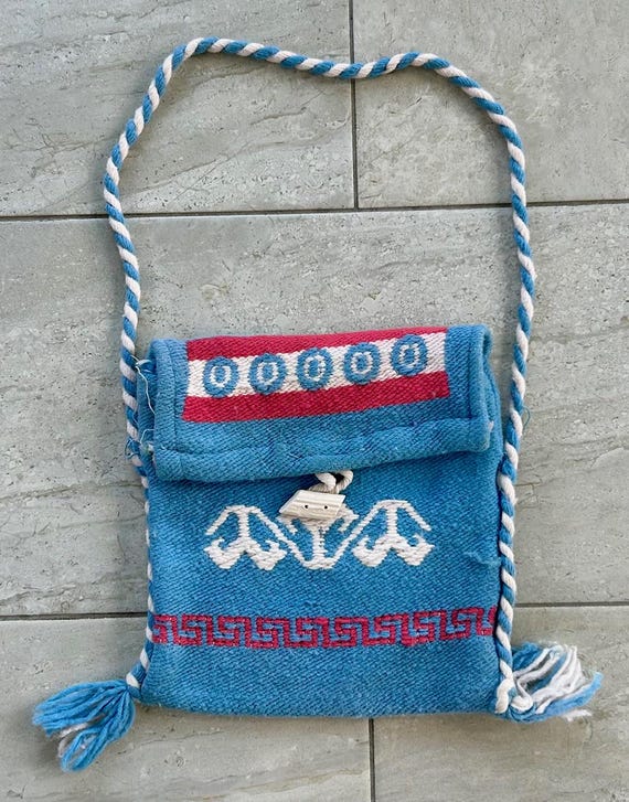 Authentic Greek Blue and Red Vintage Cloth Tote Bag - Gem