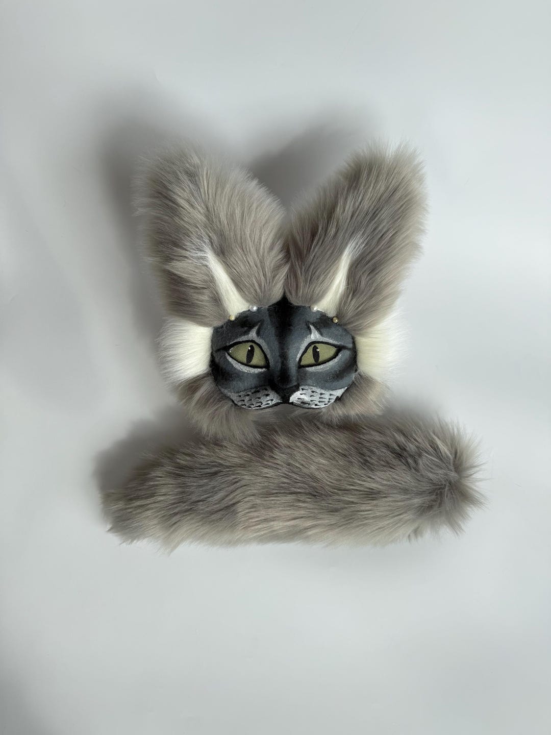 Gray White Therian Cat Mask With Fluffy Tail | Handmade Furry Cosplay ...