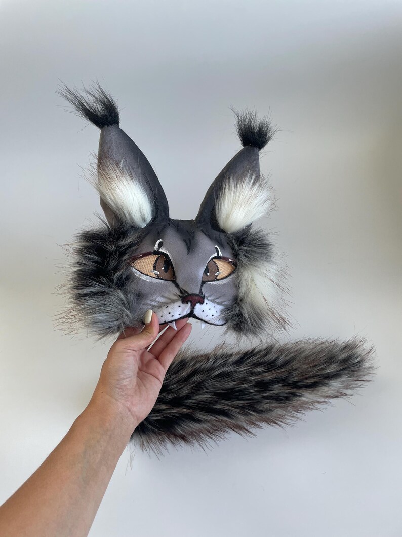 Therian Lynx Mask With Fluffy Tail | High Quality Gray Cat Mask With ...