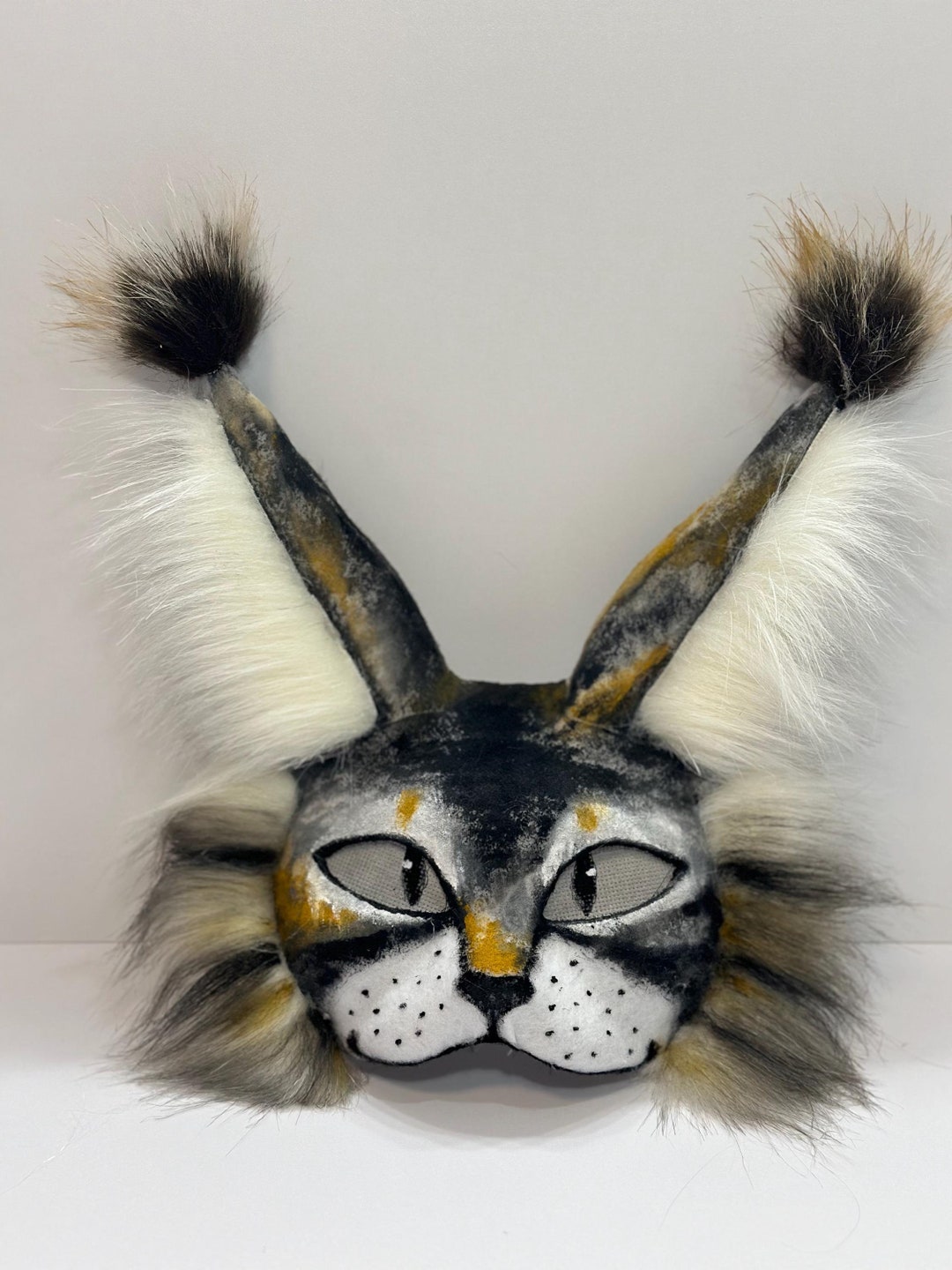 Therian Cat Mask With Long Ears | Gray Brown White Design | Faux Fur ...