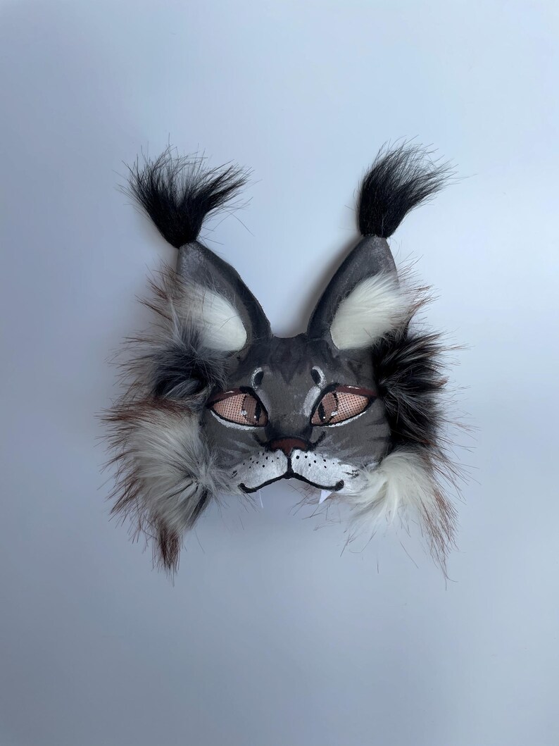 Therian Lynx Mask With Fluffy Tail | High Quality Gray Cat Mask With ...