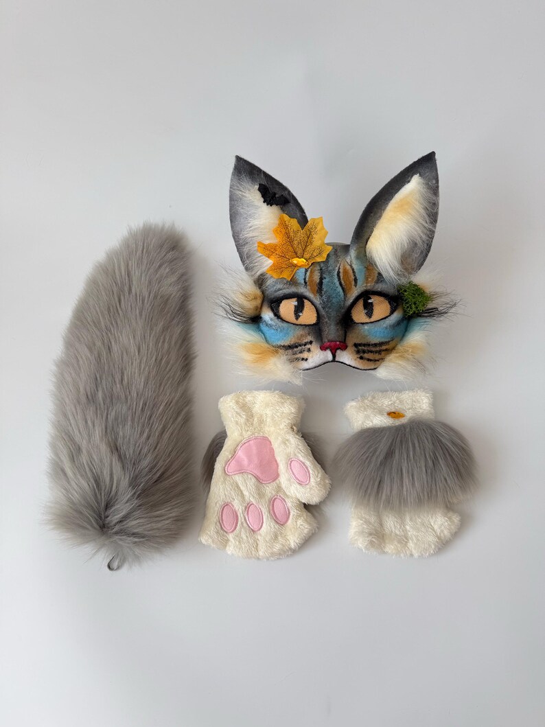 Handmade Forest Gray Cat Therian Set | Realistic Feline Mask With ...