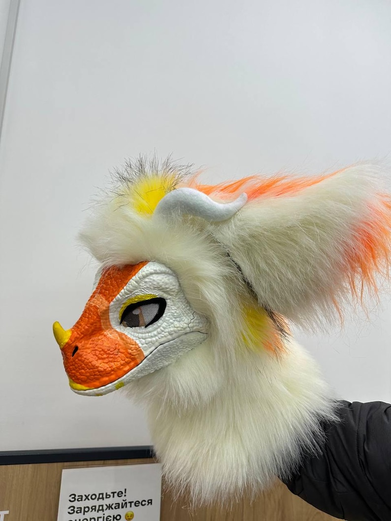 Custom White Orange Raptor Mask | Fursuit Accessories | Made of Fur ...