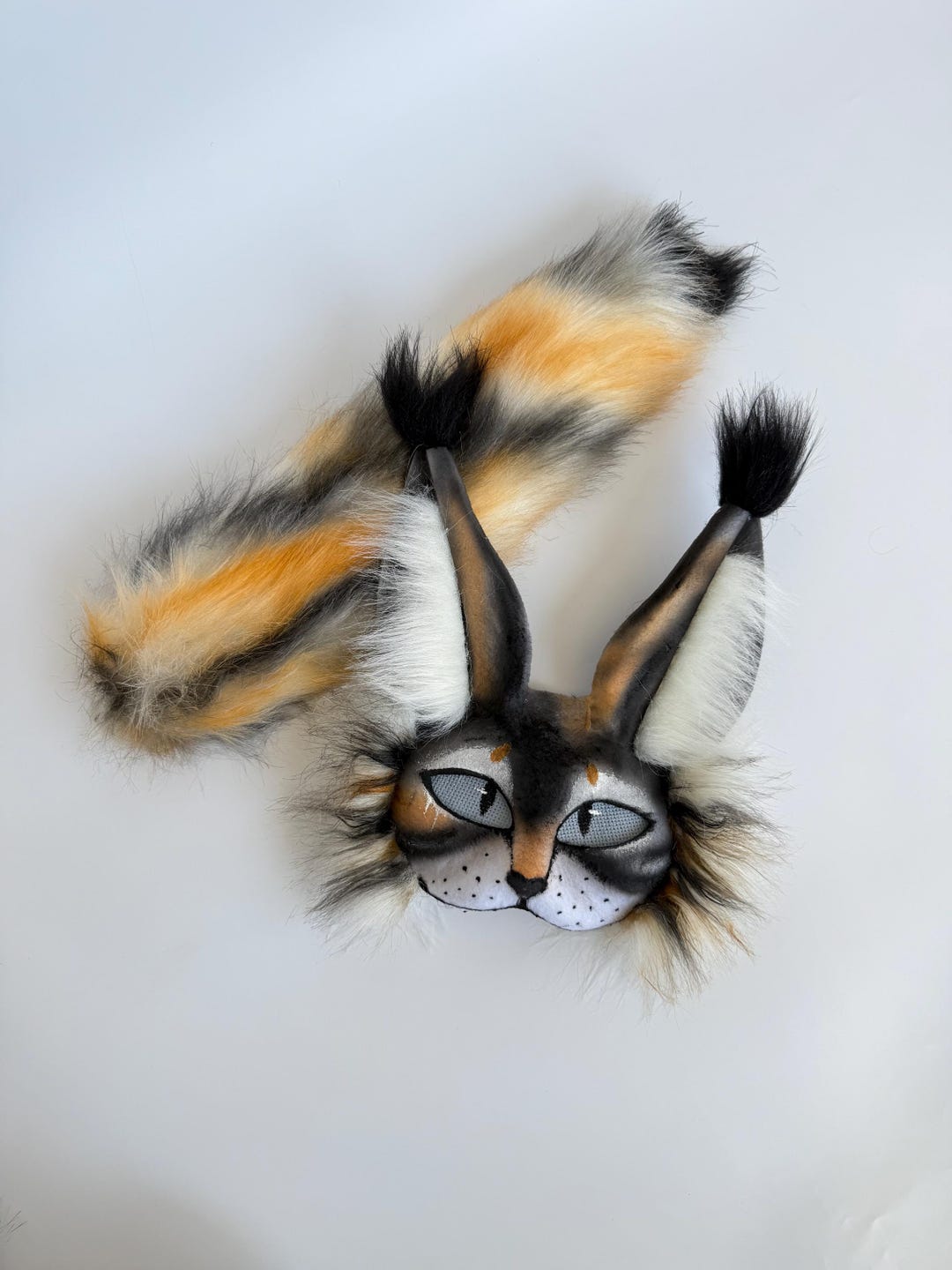 Therian Cat Mask With Long Ears | Gray Brown White Design | Faux Fur ...