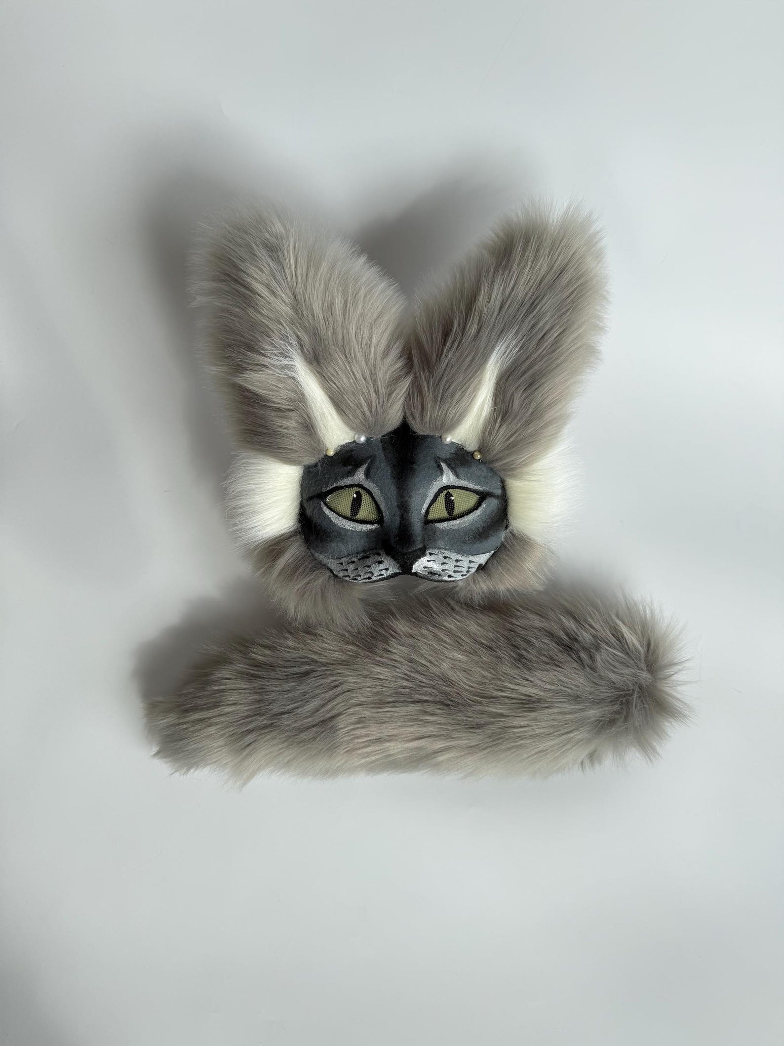 White Gray Cat Cosplay Mask | Faux Fur Animal Mask | Universal Size ...