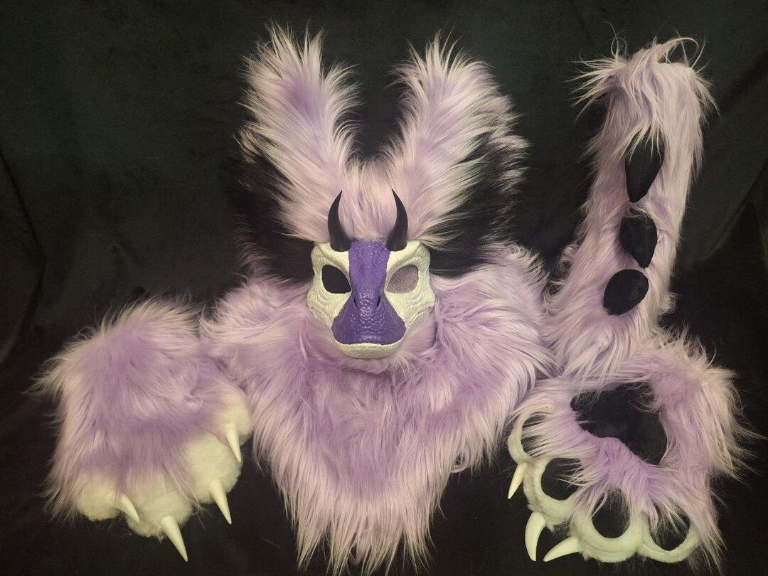 Purple Raptor Fursuit Set Open Mouth Mask Clawed Paws Faux Fur Suit ...