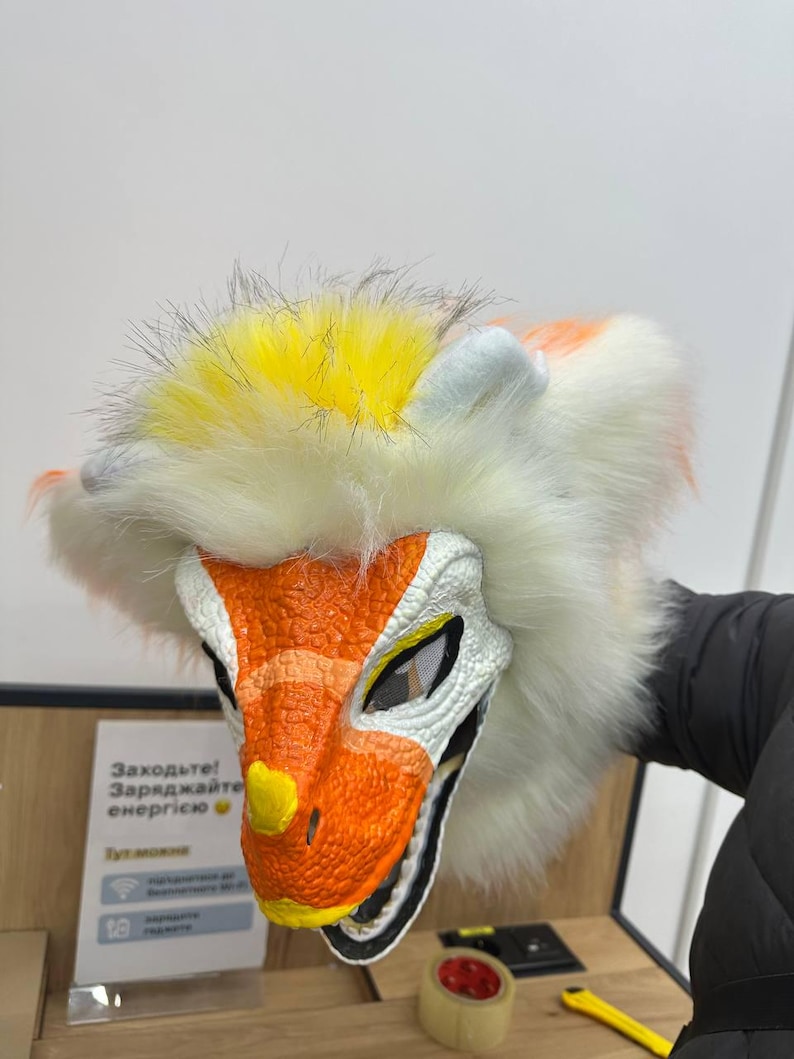 Custom White Orange Raptor Mask | Fursuit Accessories | Made of Fur ...