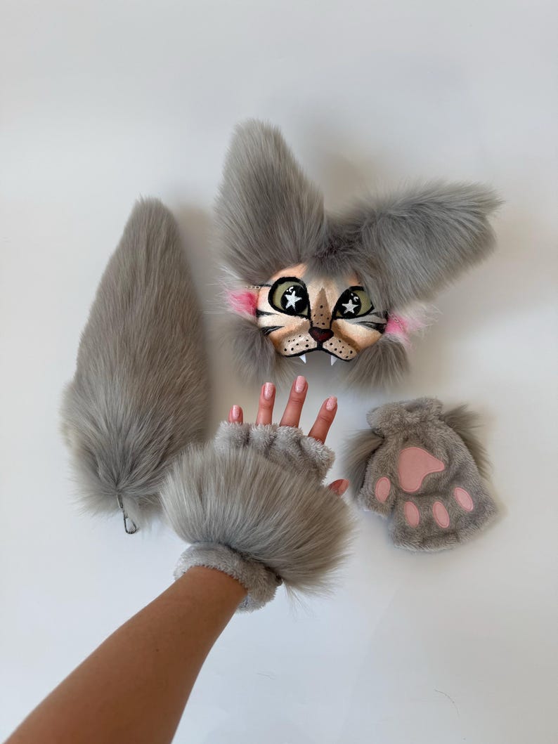Gray Therian Cat Set | Mask Tail Paws | Quadrobics Cat Mask | Animal ...