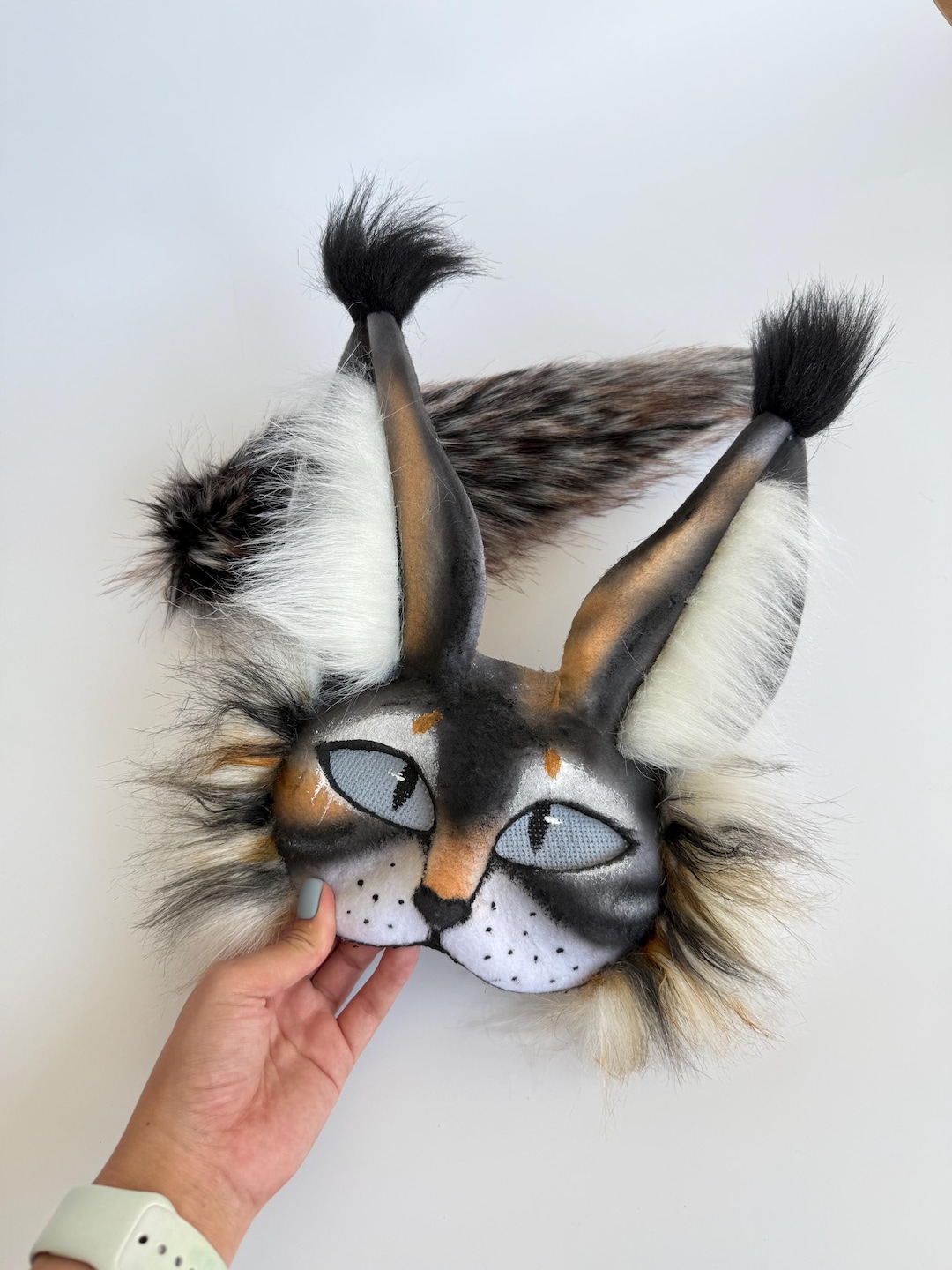 Three Color Therian Cat Mask With Long Ears | Fluffy Tail | Lynx ...