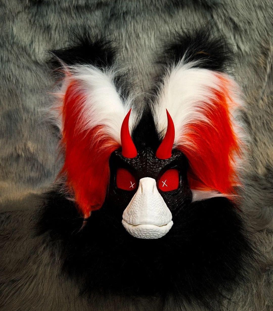 Fursuit Head | Bright Mask | Raptor With Horns Design | Premade Fursuit ...