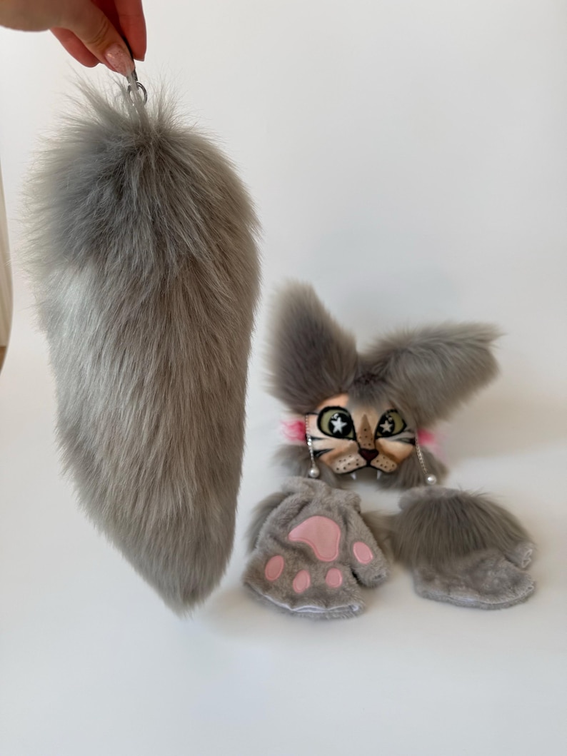 Gray Therian Cat Set | Mask Tail Paws | Quadrobics Cat Mask | Animal ...