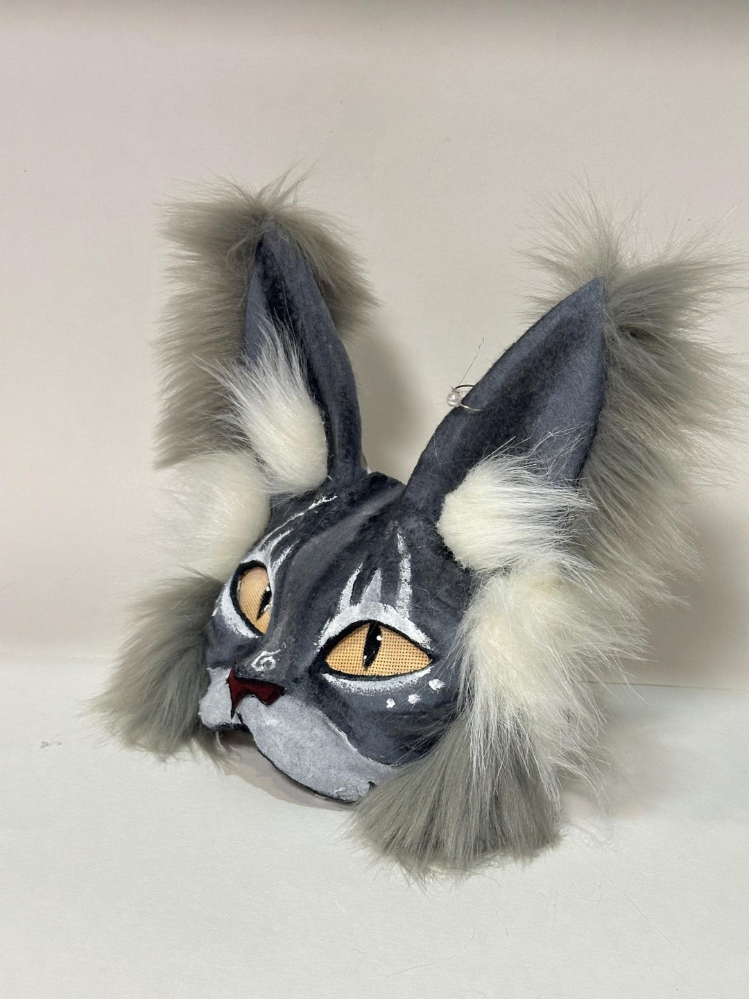 Therian Cat Mask Lunar Ears Handmade Furry Cosplay Mask Fluffy Gray