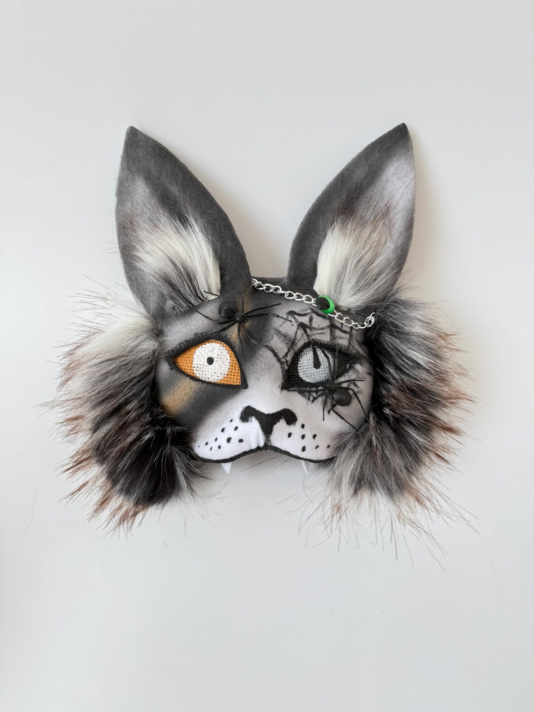 Gray Halloween Cat Mask With Fluffy Tail and Spider Chain | Handmade ...