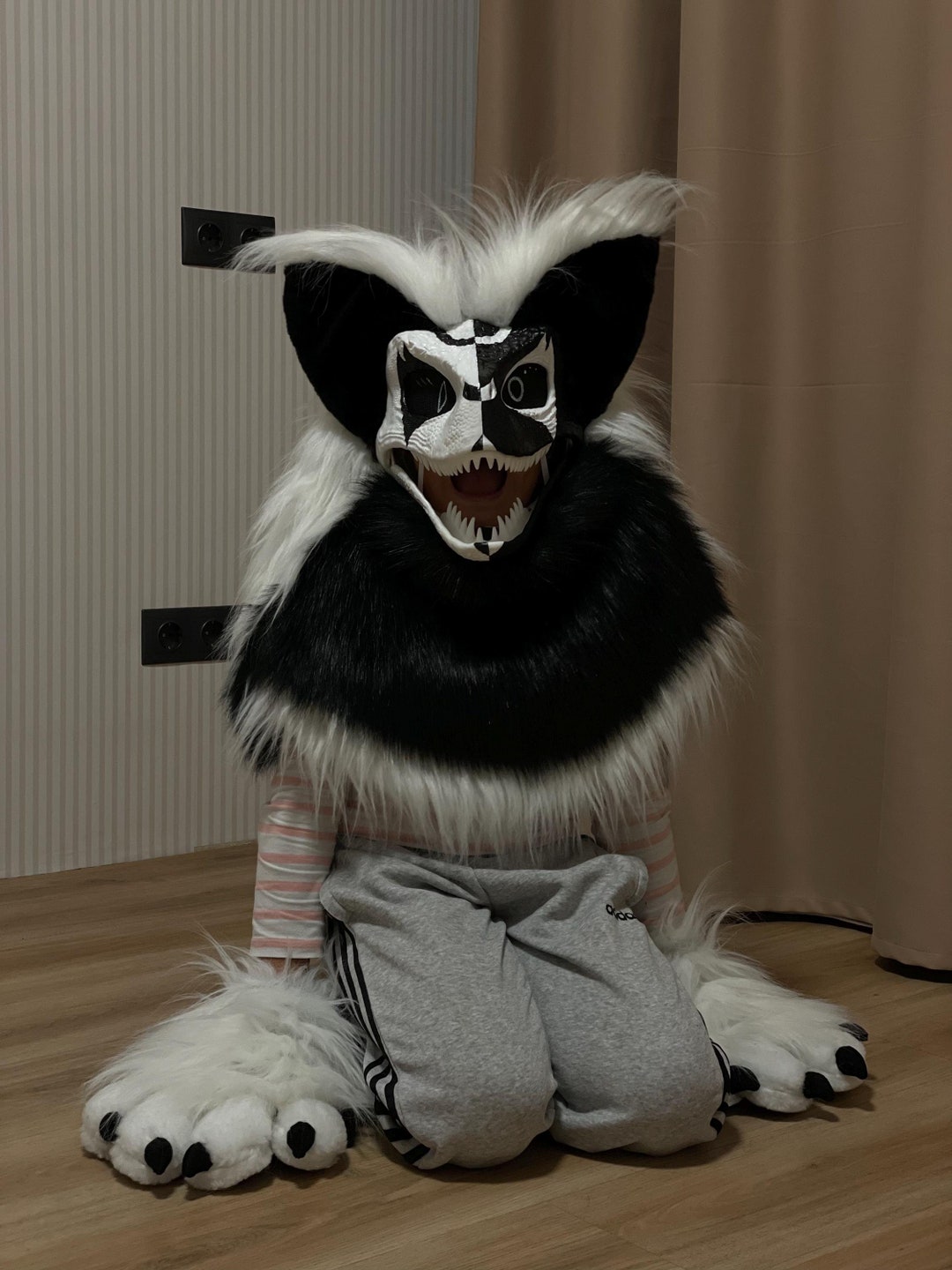 Dino Fursuit Head Premade Black White Mask Jaw Opens Animal Cosplay ...