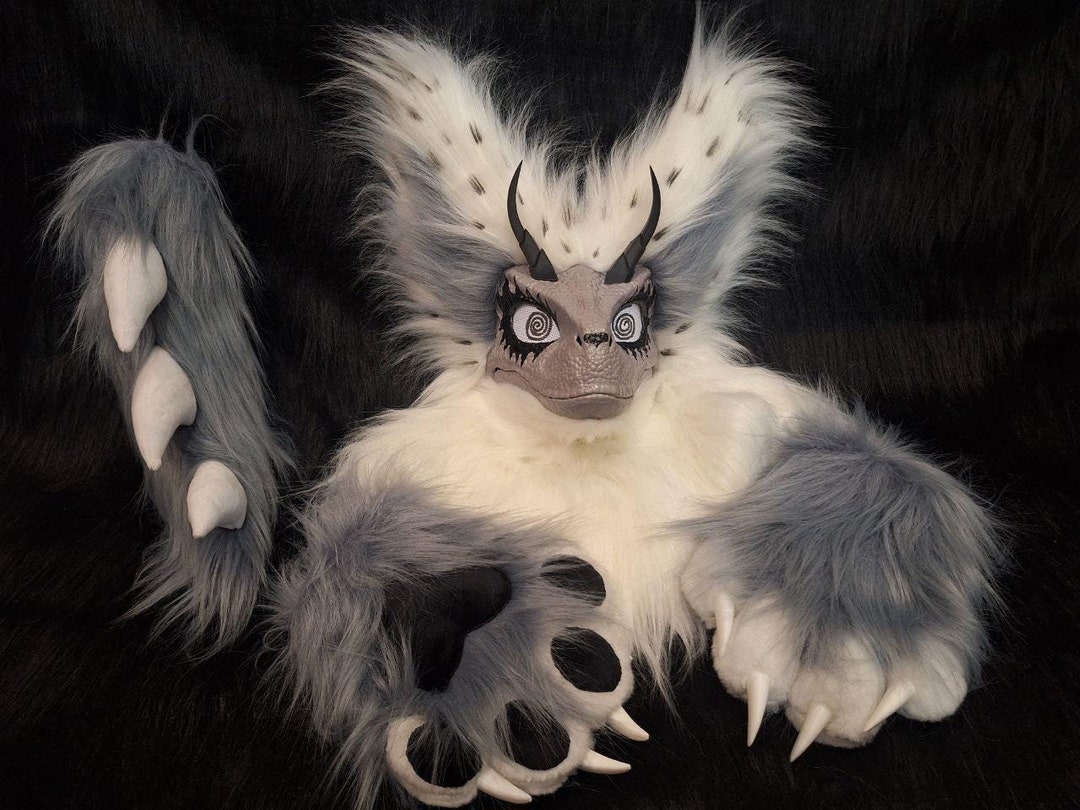 White Gray Raptor Fursuit Set | Dino Head Tail Paws | Handmade Furry ...