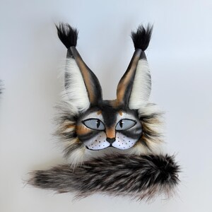 Lynx Mask With Long Ears and Fluffy Tail | Tricolor Feline Cosplay Set ...