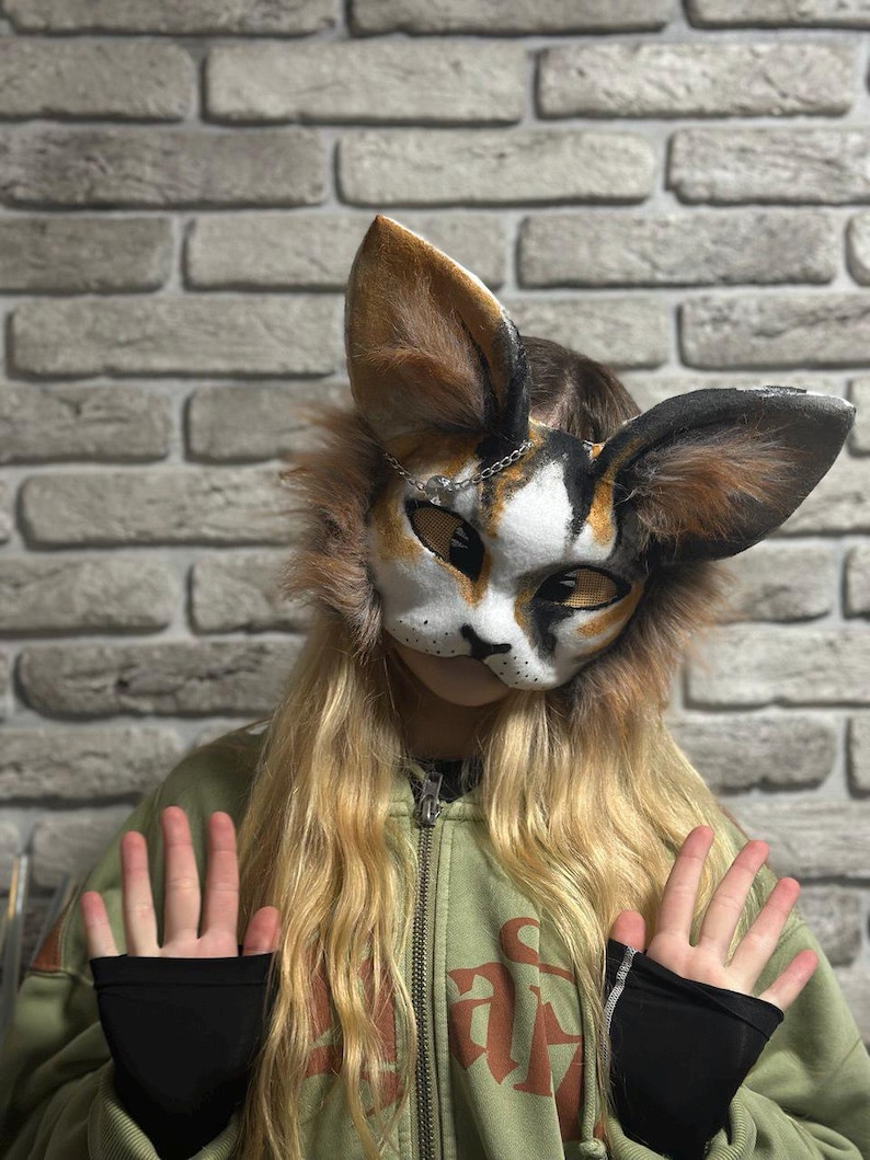 Handmade Therian Cat Mask | Realistic Brown White Design | Universal ...