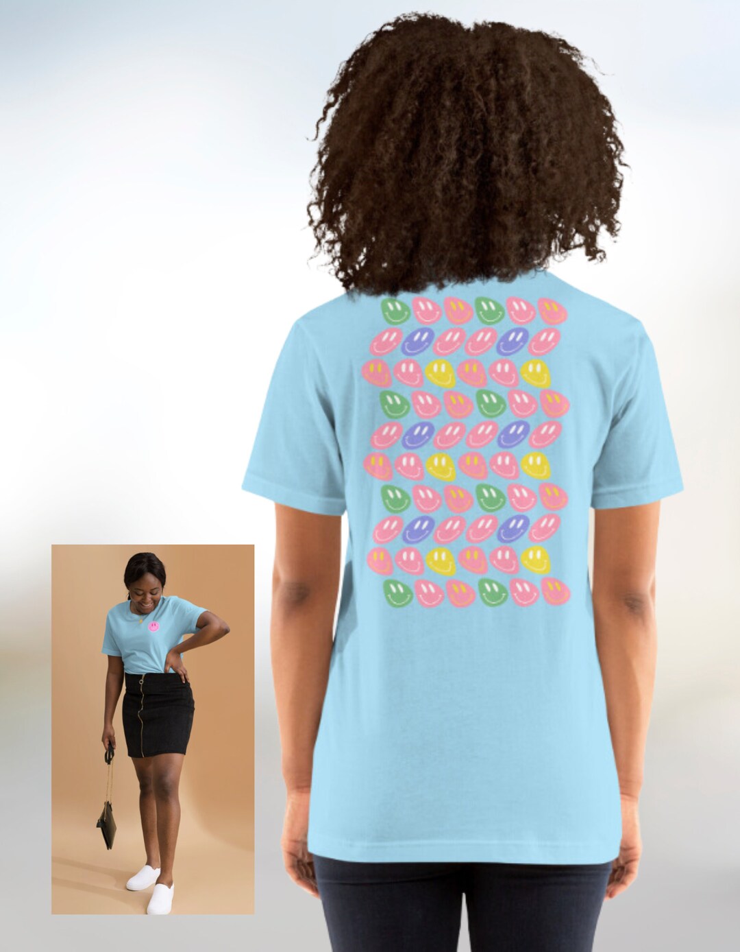 Happy Smile Shirt Front and Back Printed Tshirt Retro Wavy Smile Faces ...