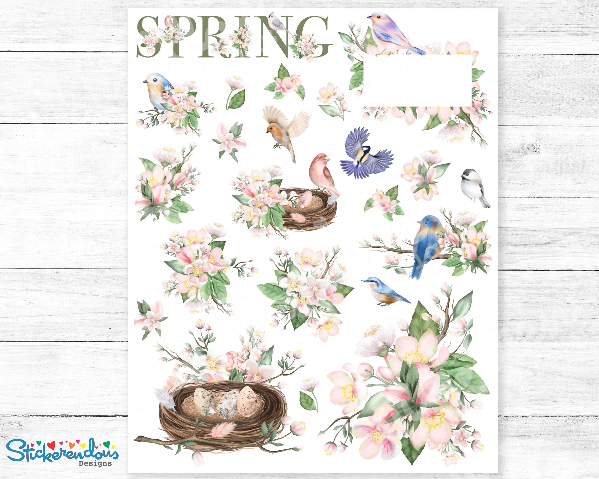 Spring Blooms & Birds Watercolor Printable Planner Decorative Stickers ...