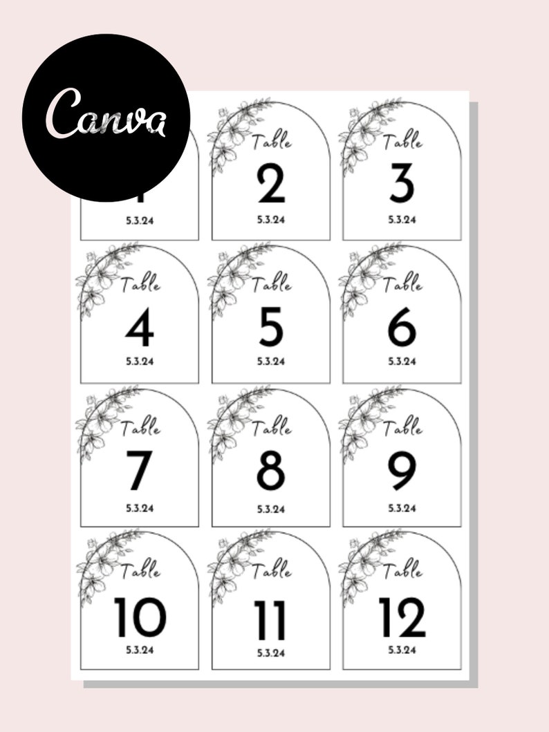 Wedding Table Numbers Template, Editable Canva Template, Printable ...