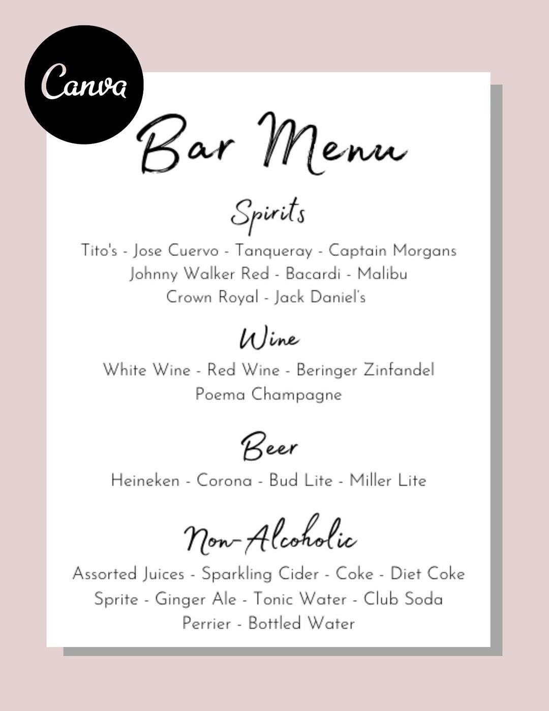 Bar Menu Sign Template Editable Wedding Canva Rdangdigitals - Etsy