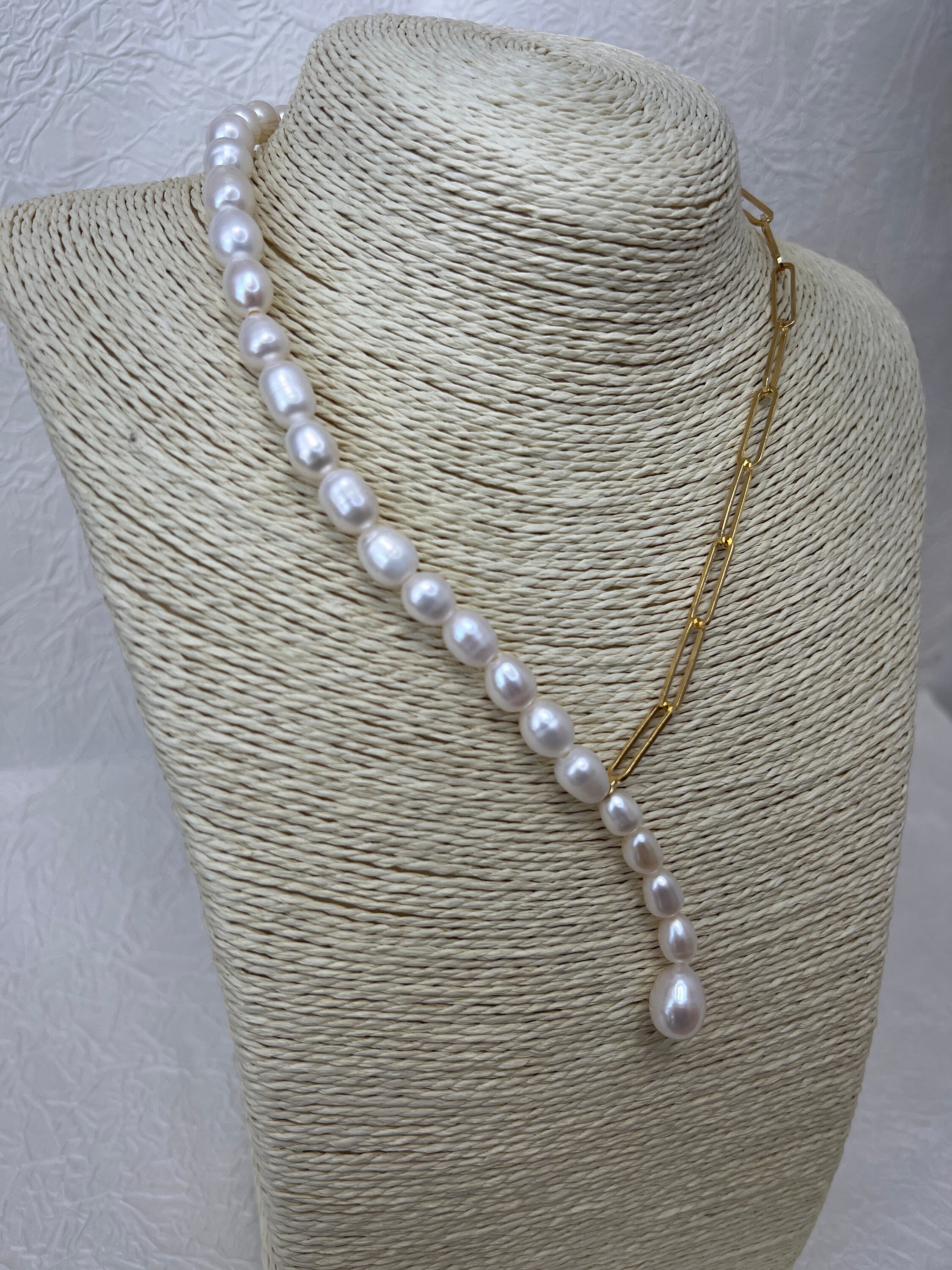 18k Gold Fild | Half Fresh Pearl Half Paperclip Chain - Etsy