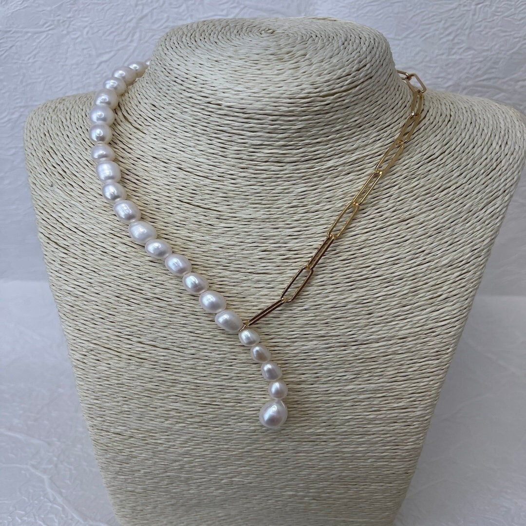 18k Gold Fild | Half Fresh Pearl Half Paperclip Chain - Etsy