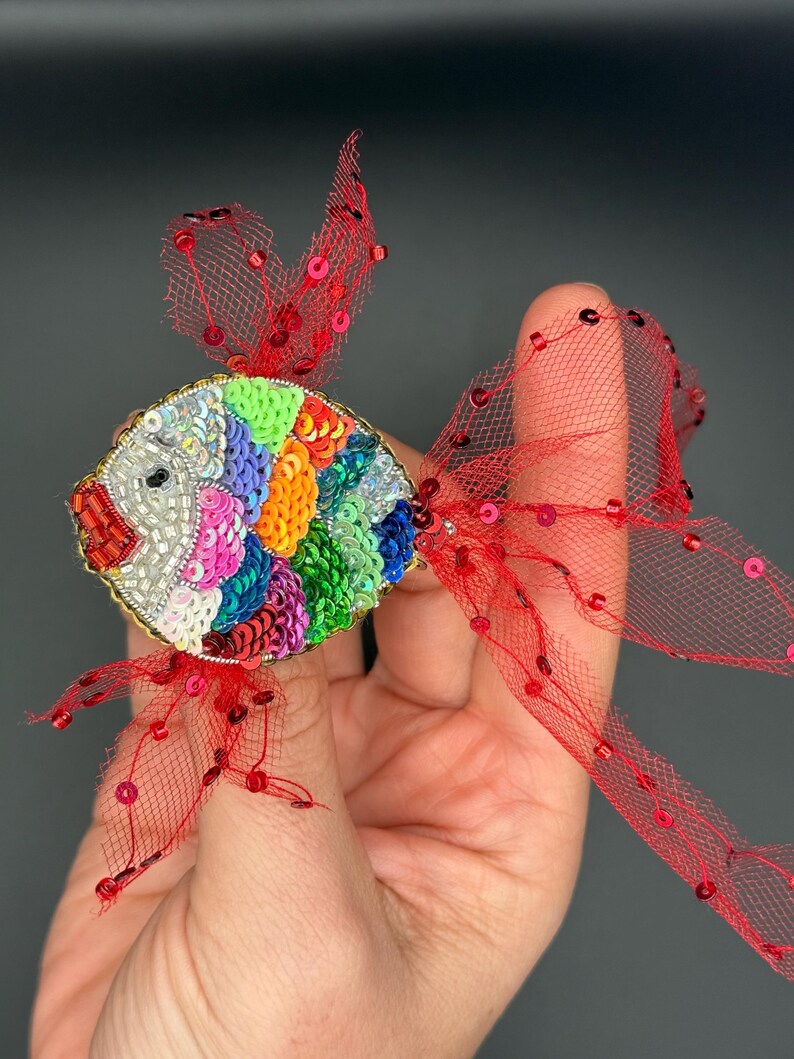 Handmade Sequin Fish Brooch, Colorful Embroidered Fish Pin With Red Net ...