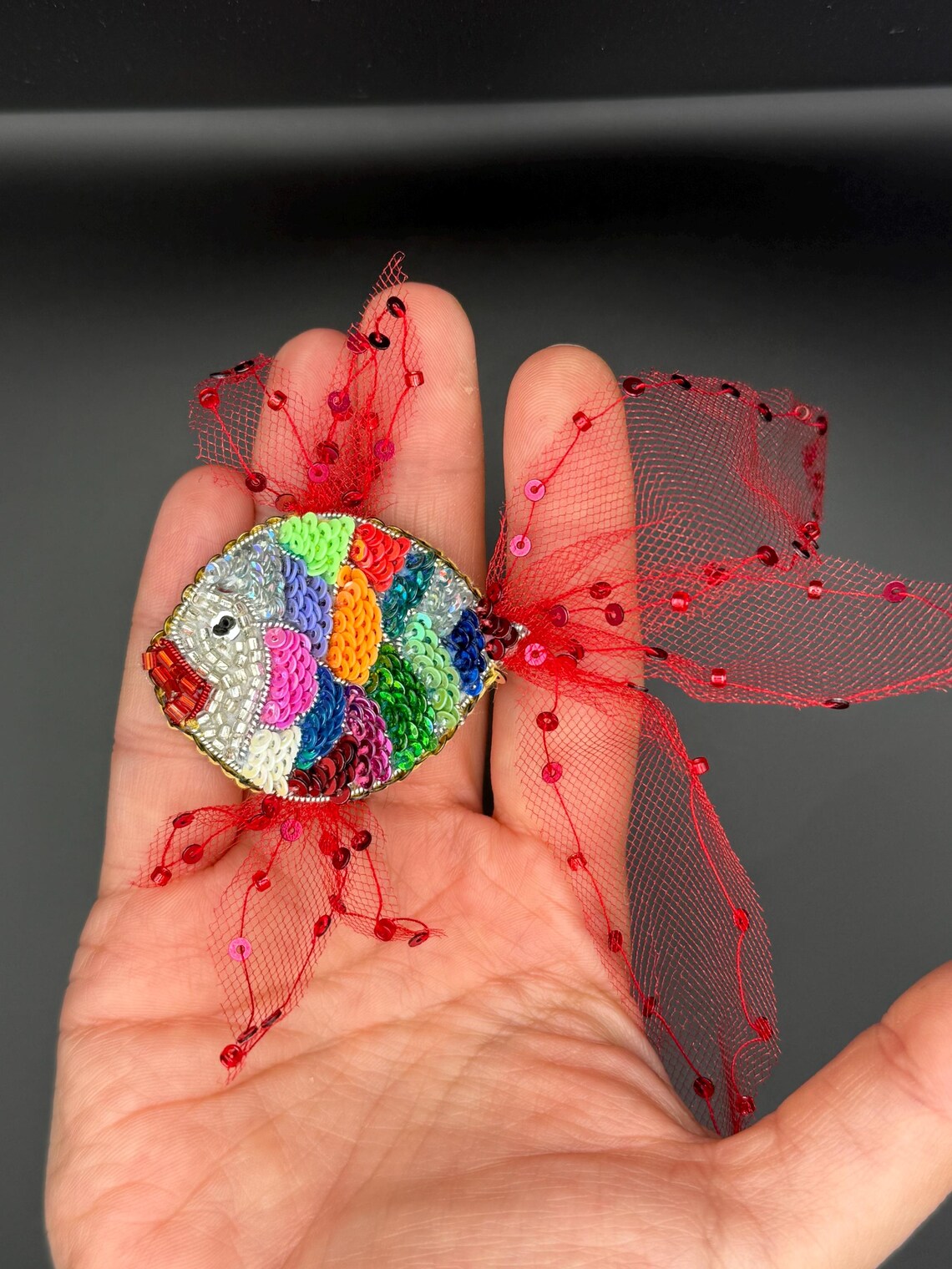 Handmade Sequin Fish Brooch, Colorful Embroidered Fish Pin With Red Net ...