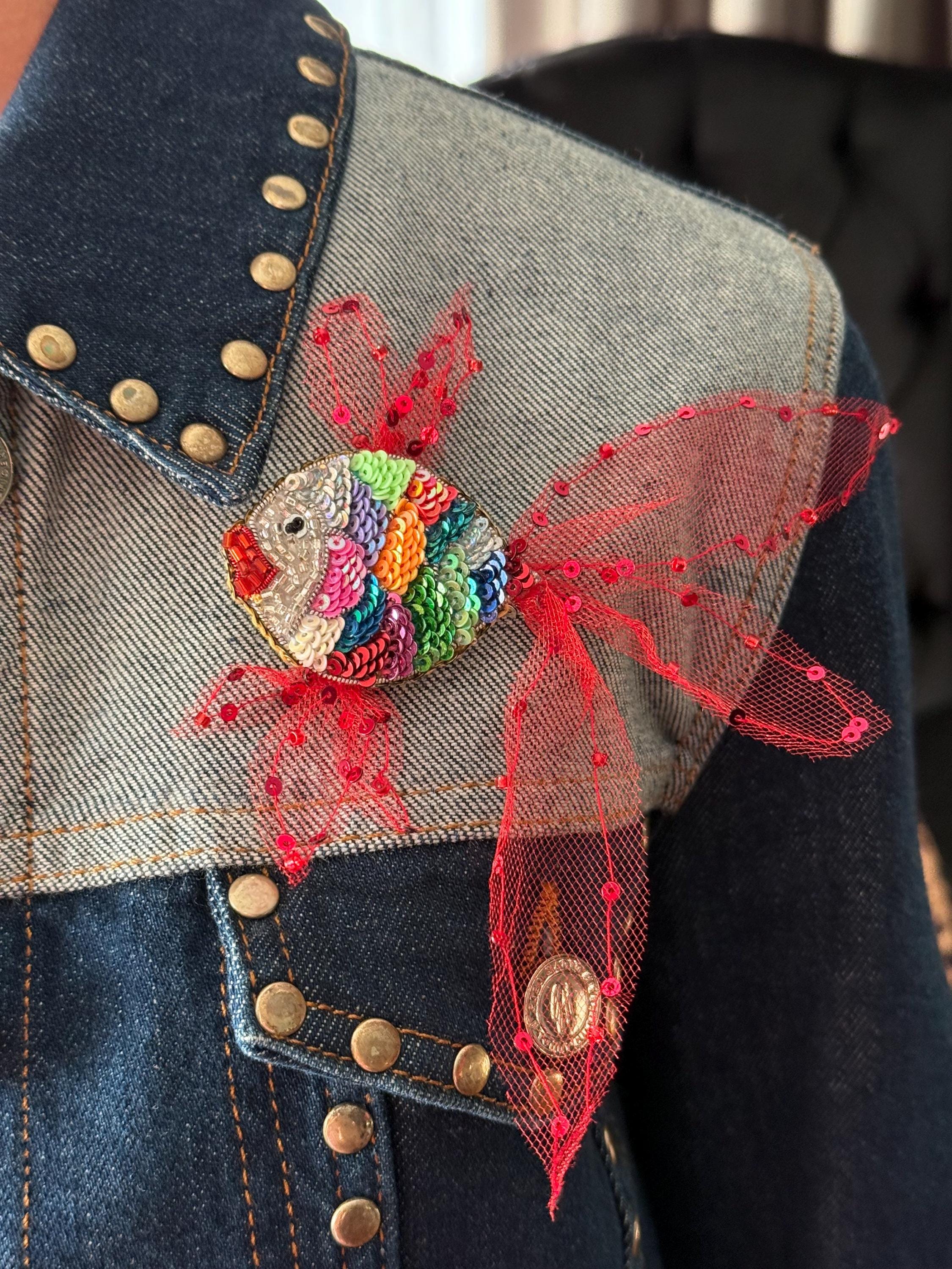 Handmade Sequin Fish Brooch, Colorful Embroidered Fish Pin With Red Net ...