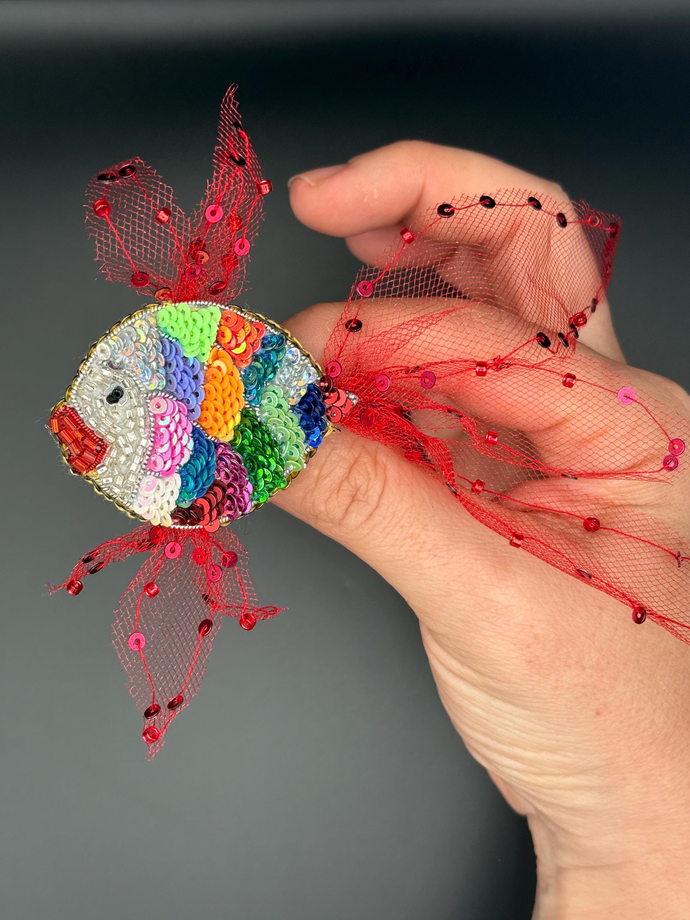 Handmade Sequin Fish Brooch, Colorful Embroidered Fish Pin With Red Net ...