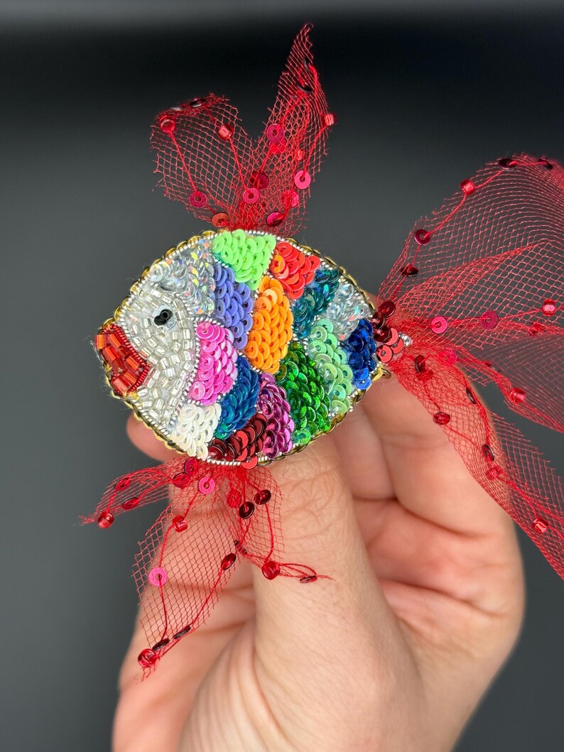 Handmade Sequin Fish Brooch, Colorful Embroidered Fish Pin With Red Net ...