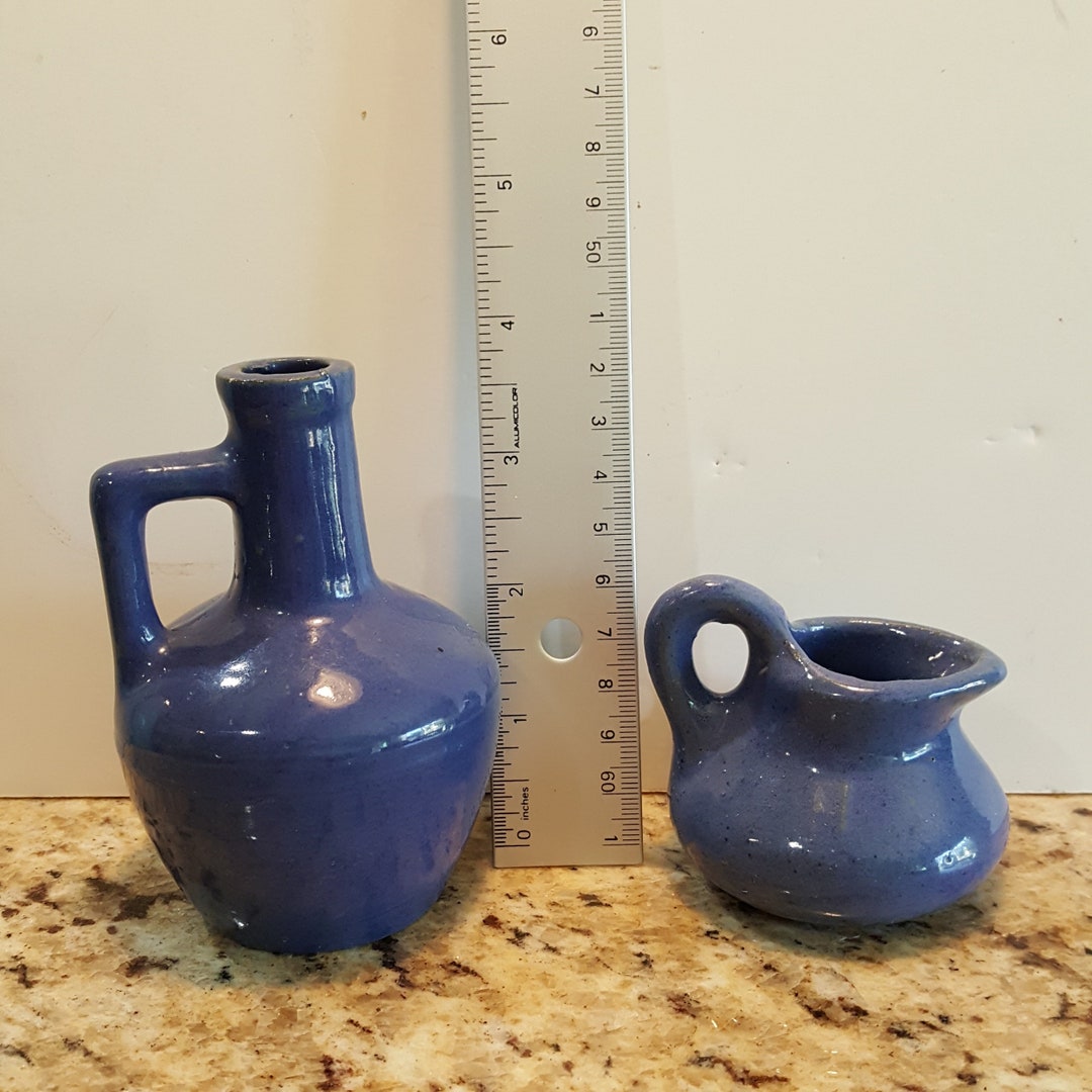 Pair of Miniature Handmade Blue Pottery Pitchers - Etsy