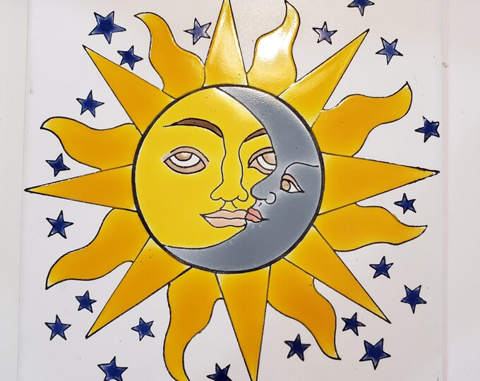 Large Decorative Tile Sun and Moon Face With Stars - Etsy