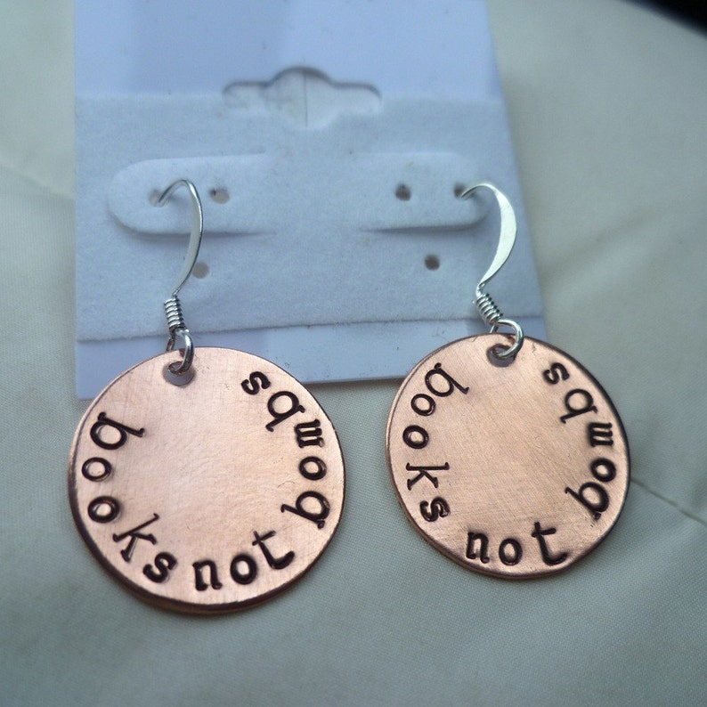 BOOKS Not Bombs Copper Handstamped Earrings Book Peace - Etsy