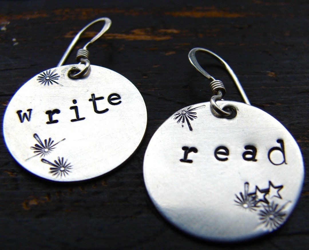 Silver Earrings Round Hand Stamped Engraved Read Write Celebrate ...